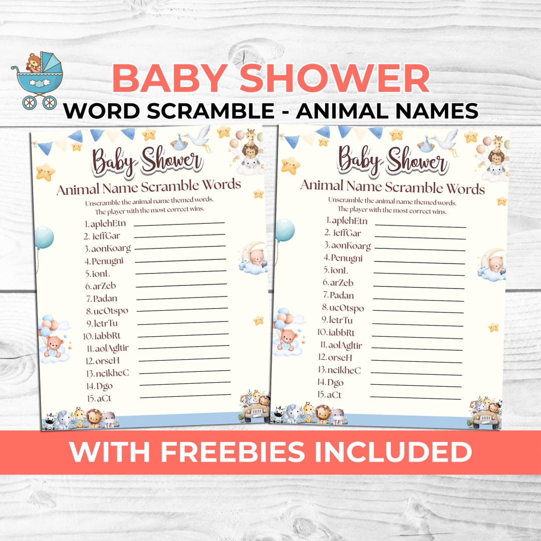 Baby Shower Word Scramble Animal Names Game for Moms-to-be, Hosts ...