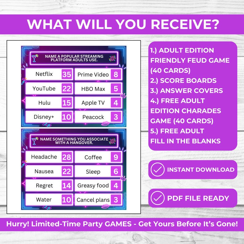Adult Friendly Feud Game Printable for Game Night, Bachelorette ...