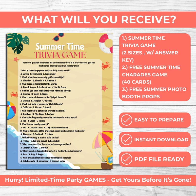 Summer Trivia Party Game for Kids & Adults – Beach Printable With Free ...