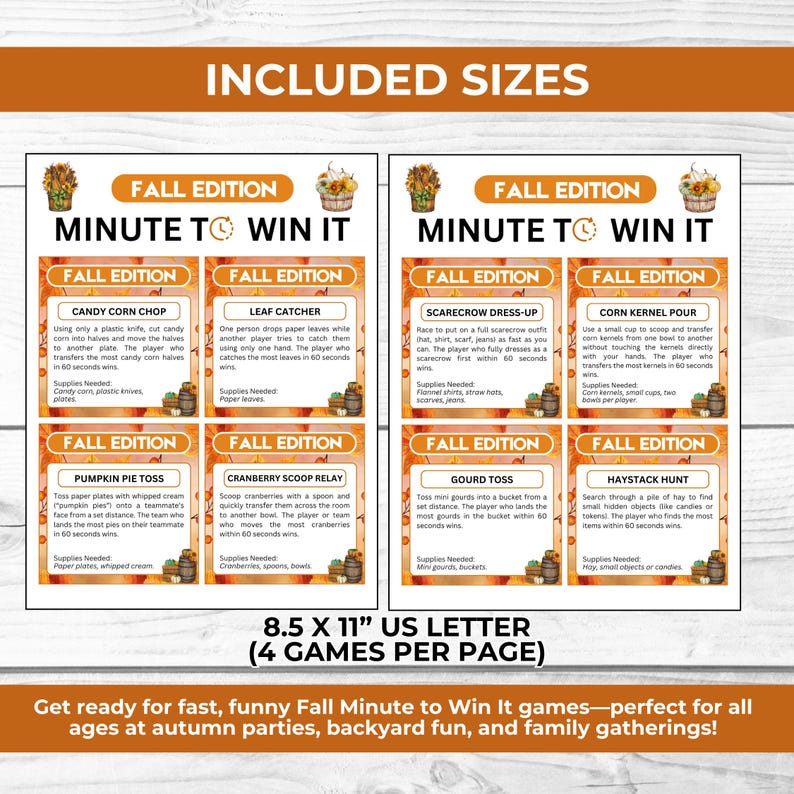 Printable Fall Minute to Win It Games for Kids & Adults | Autumn Party ...