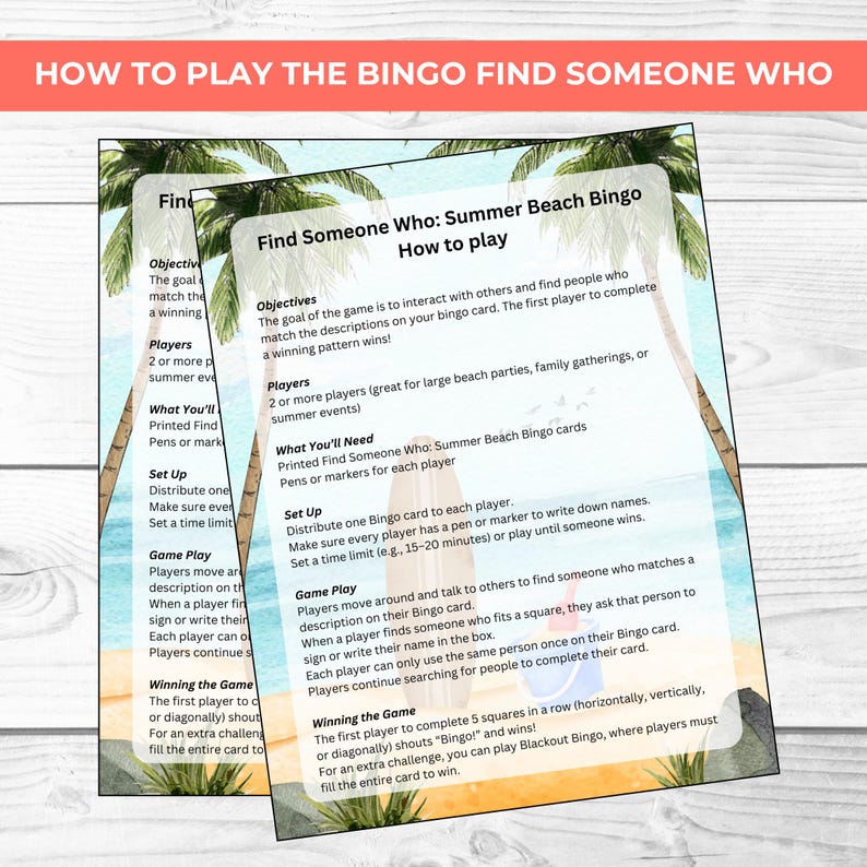Beach Bingo Game Find Someone Who – Fun Summer Beach Party Game for ...