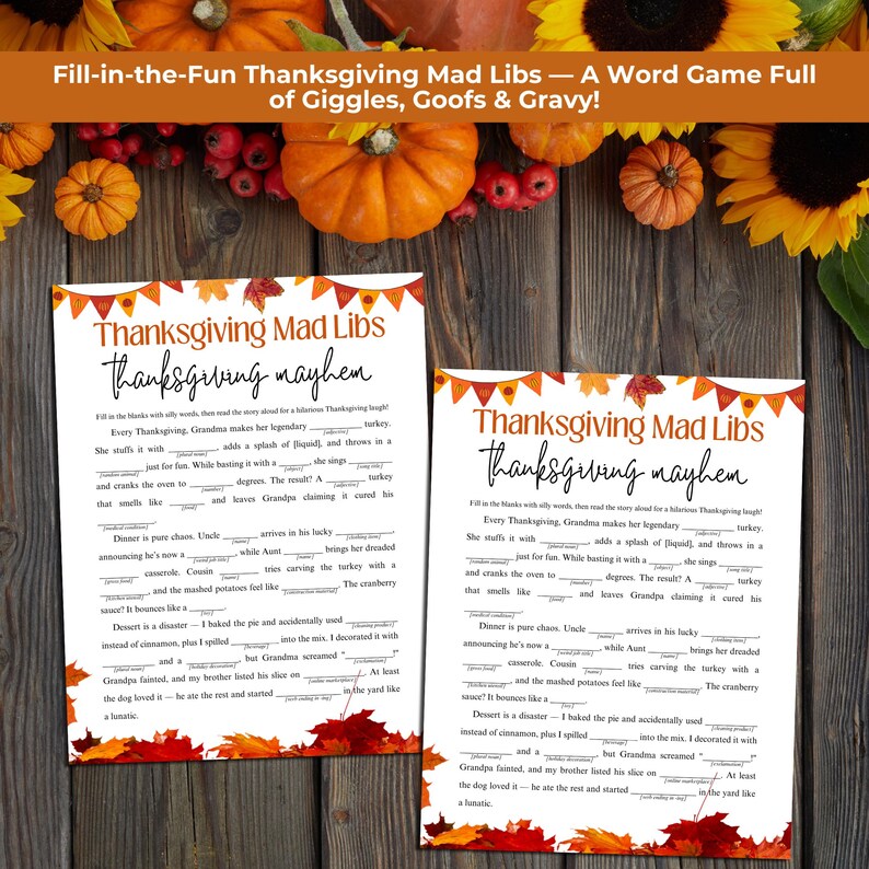 Thanksgiving Mad Libs Game Printable for Kids & Adults Funny Word Game ...