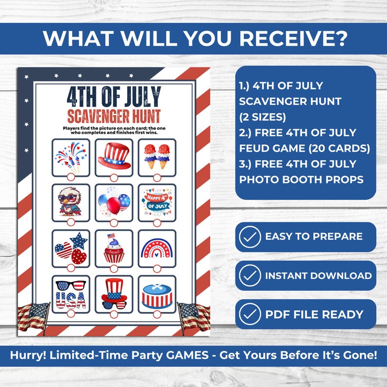 4th of July Scavenger Hunt Game for Kids & Adults | Independence Day ...