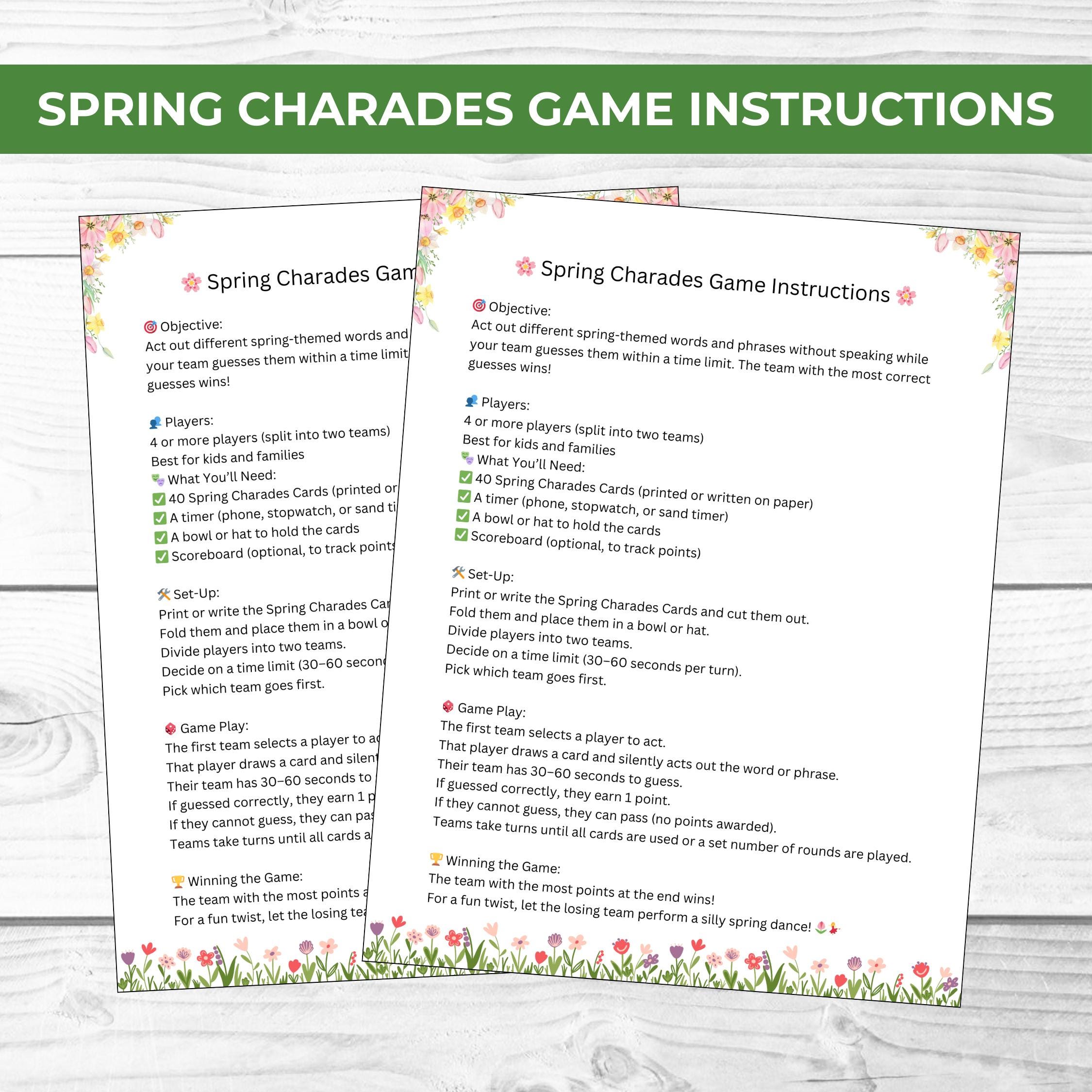Spring Charades Game Printable, Fun Spring Party Game for Kids, Adults ...