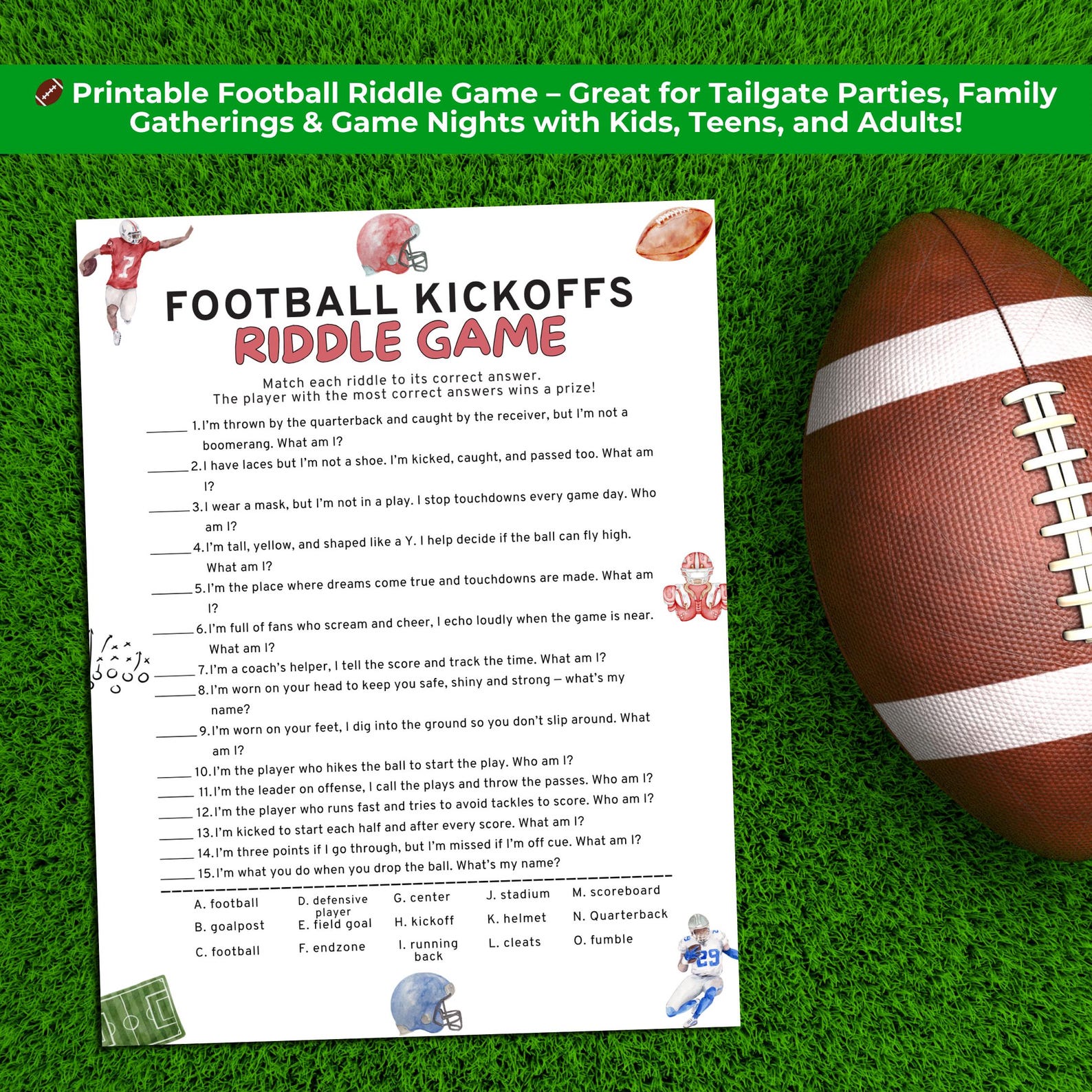 Football Riddle Game Printable for Kids, Teens & Adults | Fun Tailgate ...