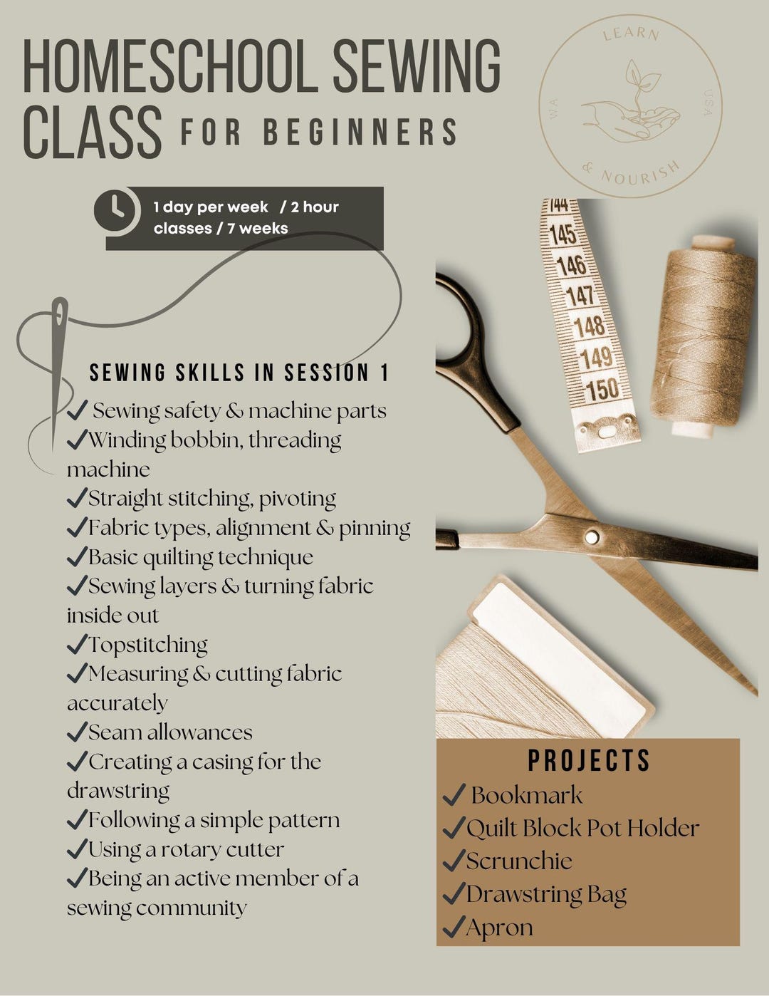 Beginner Sewing Curriculum: 7-week Homeschool Lessons (PDF) - Etsy