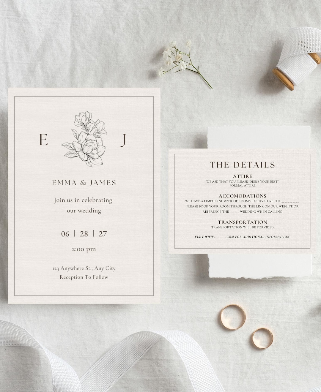 Textured Wedding Invitation Template Bundle, Details Card, Instant ...