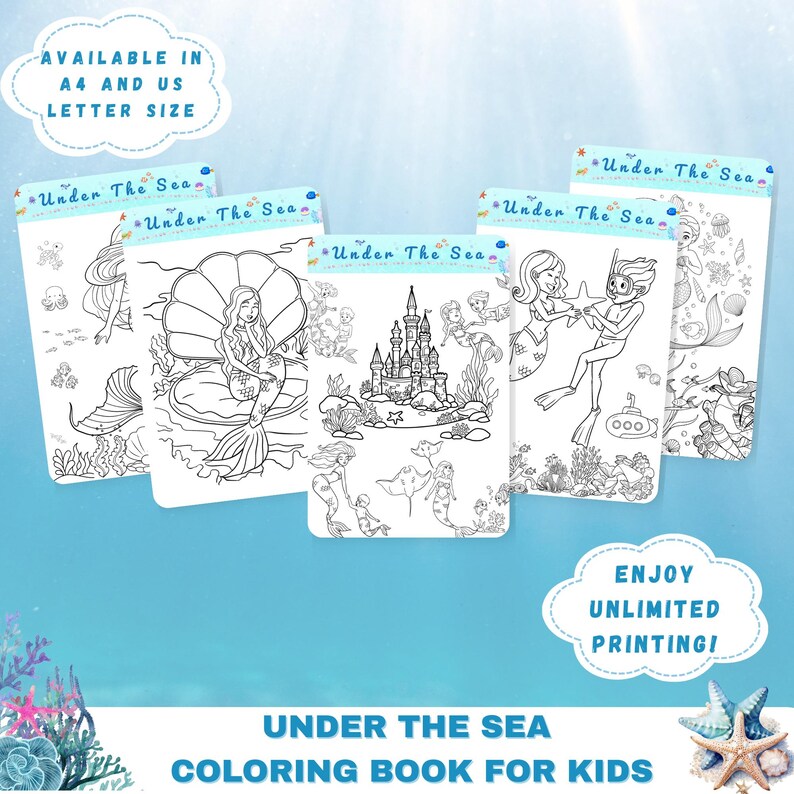 Under the Sea Coloring Book for Kids, Ocean and Mermaid Printable Pages ...