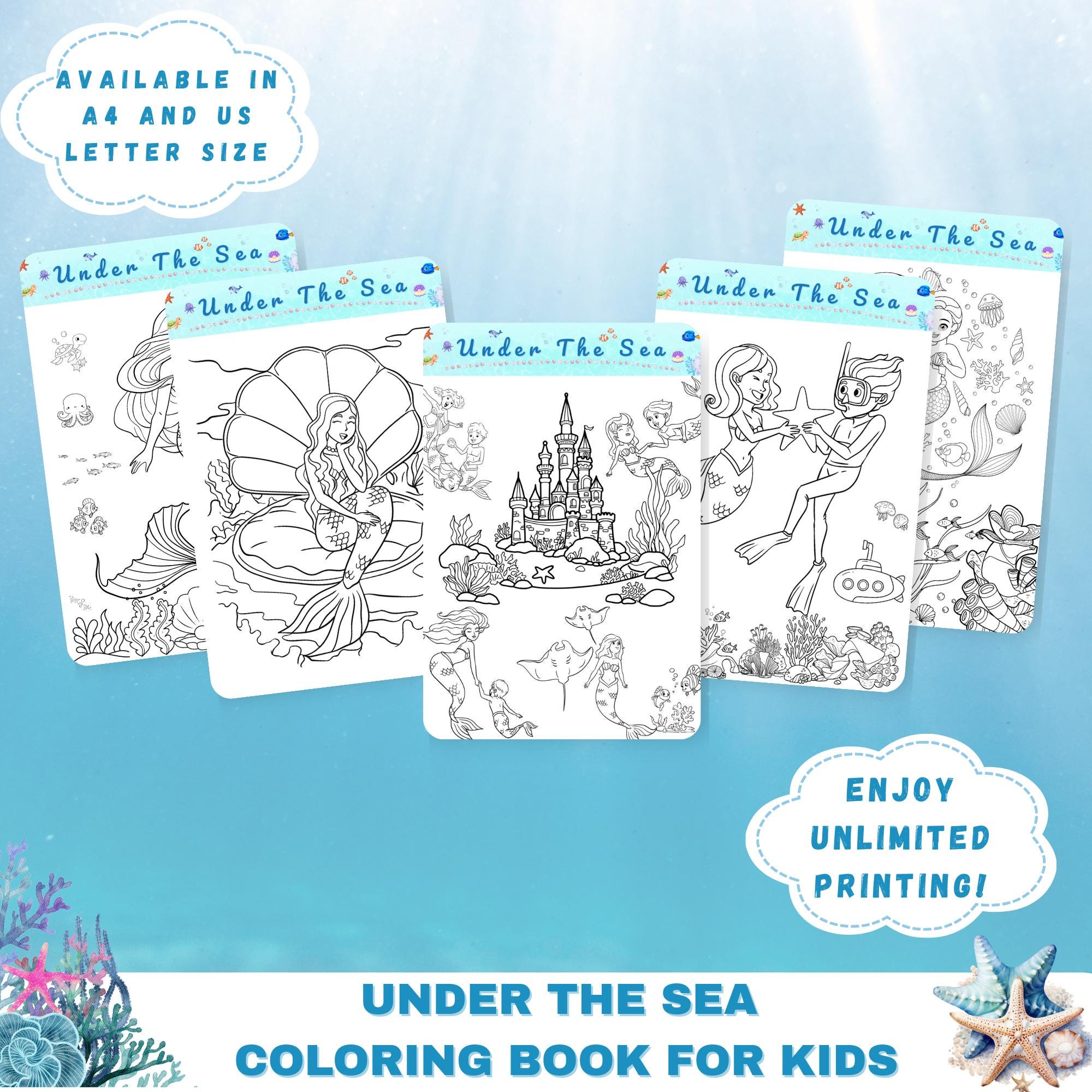Under the Sea Coloring Book for Kids, Ocean and Mermaid Printable Pages ...