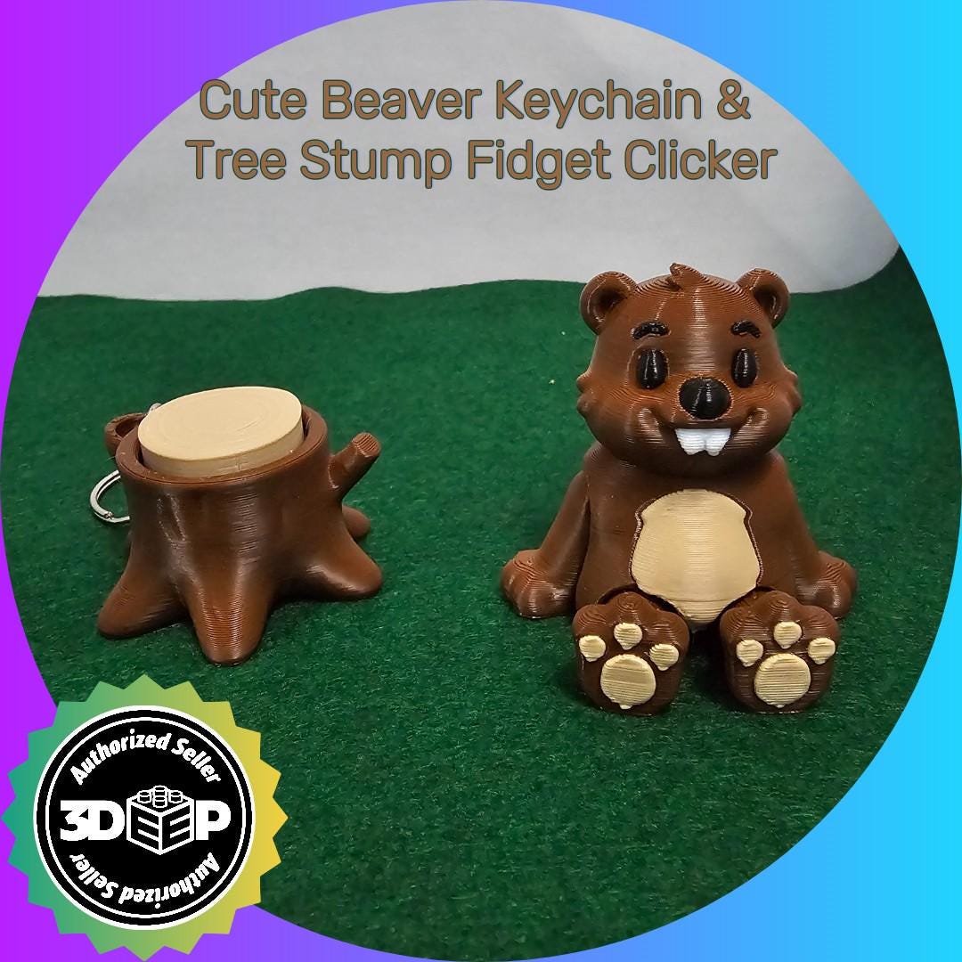 Cute Beaver Keychain & Tree Stump Fidget Clicker Set – 3D Printed ...