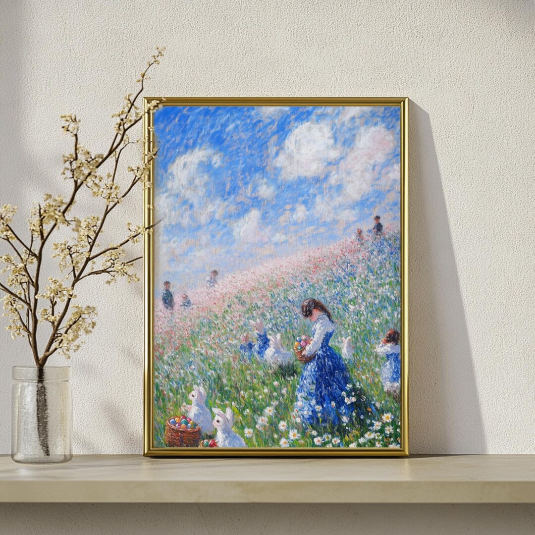 Easter Bunny Kid Oil Painting Wall Art Download, Claude Monet Impressionist Art, Easter Bunny ...