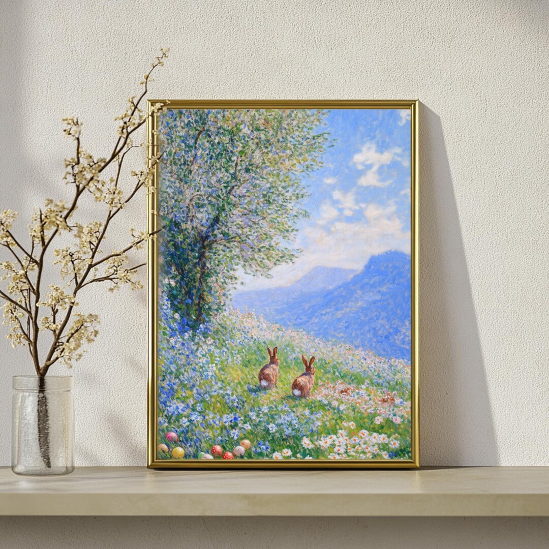 Tranquil Easter Bunny Oil Painting – Christian Wall Art PNG, Nursery Decor, Claude Monet ...