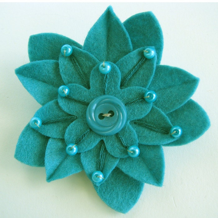 Turquoise on Turquoise Felt Flower Pin With Vintage Turquoise Button ...