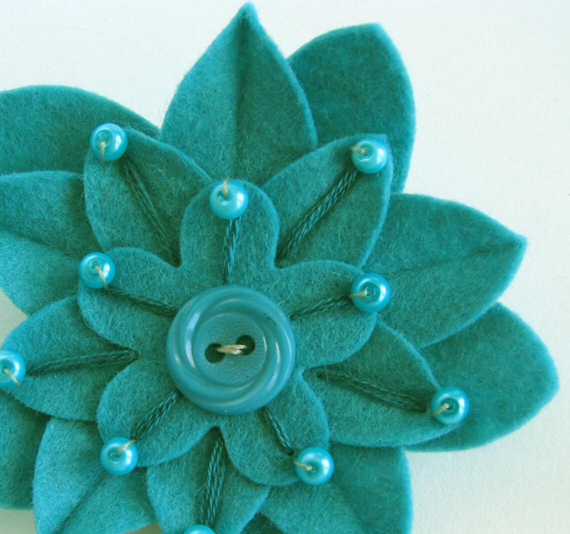 Turquoise on Turquoise Felt Flower Pin With Vintage Turquoise Button ...