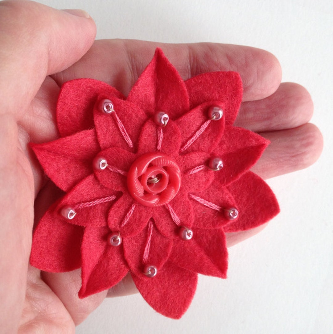 Felt Flower Pin Strawberry on Strawberry With Vintage Button, Hand ...