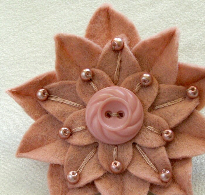Felt Flower Pin Blush Pink With Vintage Button, Hand Embroidery and ...