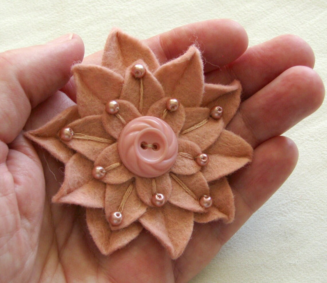 Felt Flower Pin Blush Pink With Vintage Button, Hand Embroidery and ...