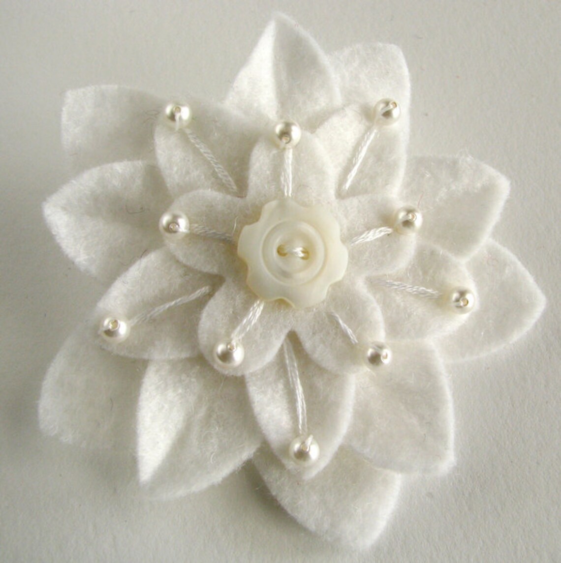 White on White Felt Flower Hair Clip With Vintage White Button, Pearls ...