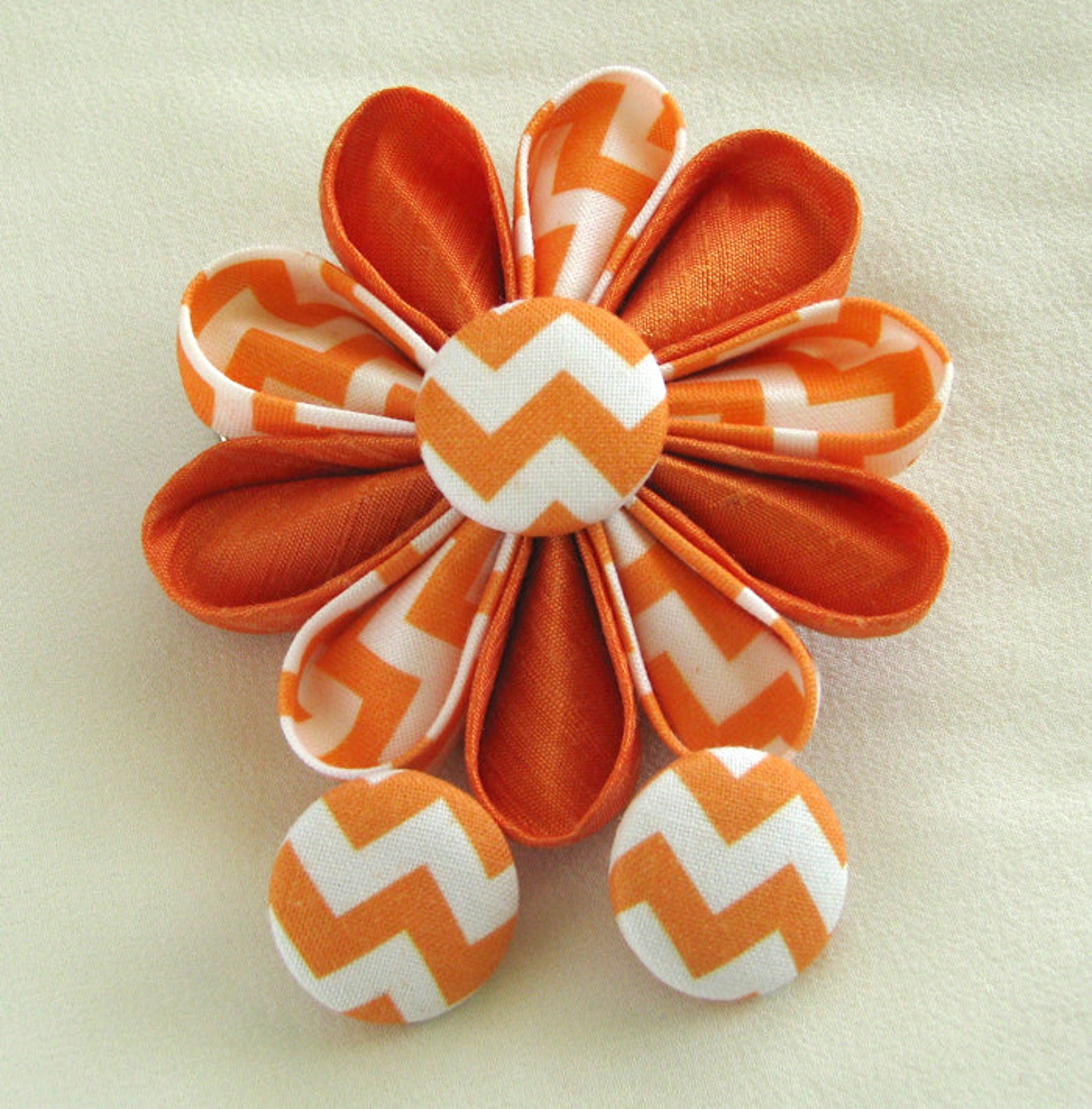 Orange Silk Flower Hair Clip With Orange Chevron Print Petals - Etsy