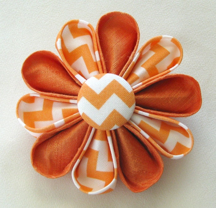 Orange Silk Flower Hair Clip With Orange Chevron Print Petals - Etsy
