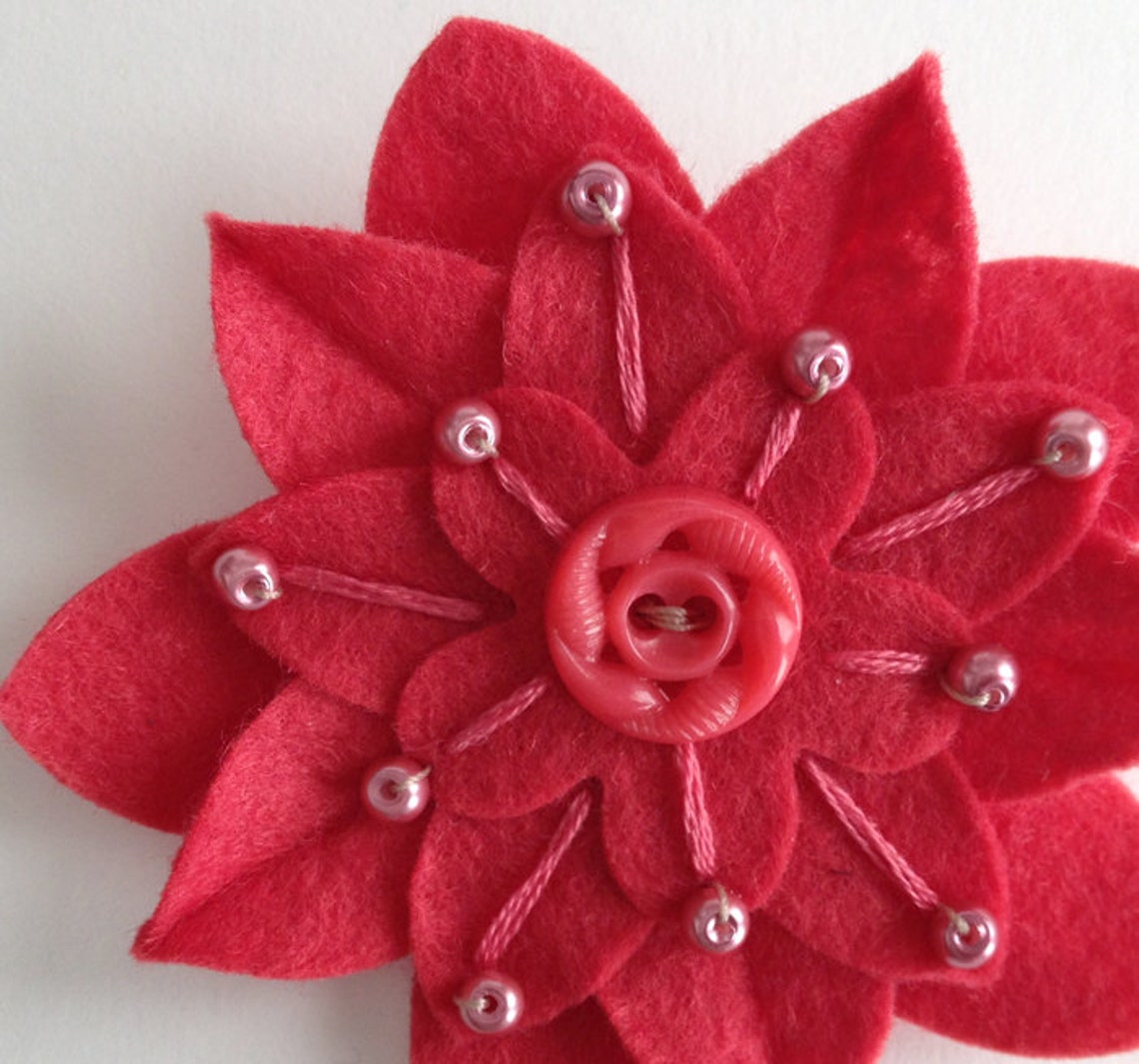 Felt Flower Pin Strawberry on Strawberry With Vintage Button - Etsy