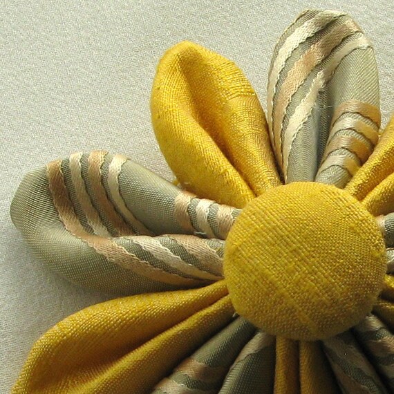 Items similar to Sunny Yellow Silk Flower Pin with Striped Silk and ...