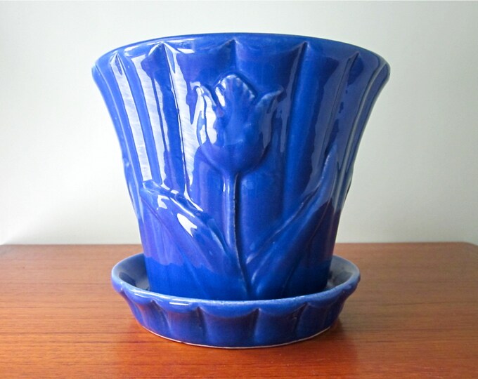 Vintage USA Cobalt Blue Pottery Flower Pot - Etsy