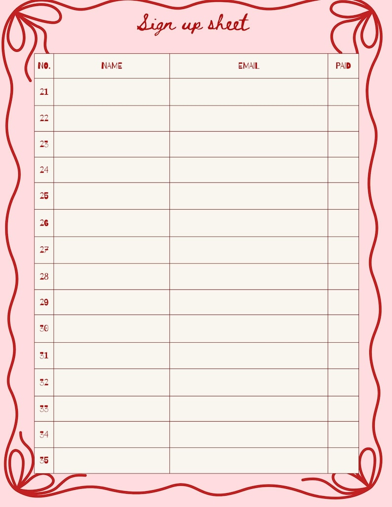 Aesthetic Bow Sign up Sheet Template for Events, Downloadable Template ...