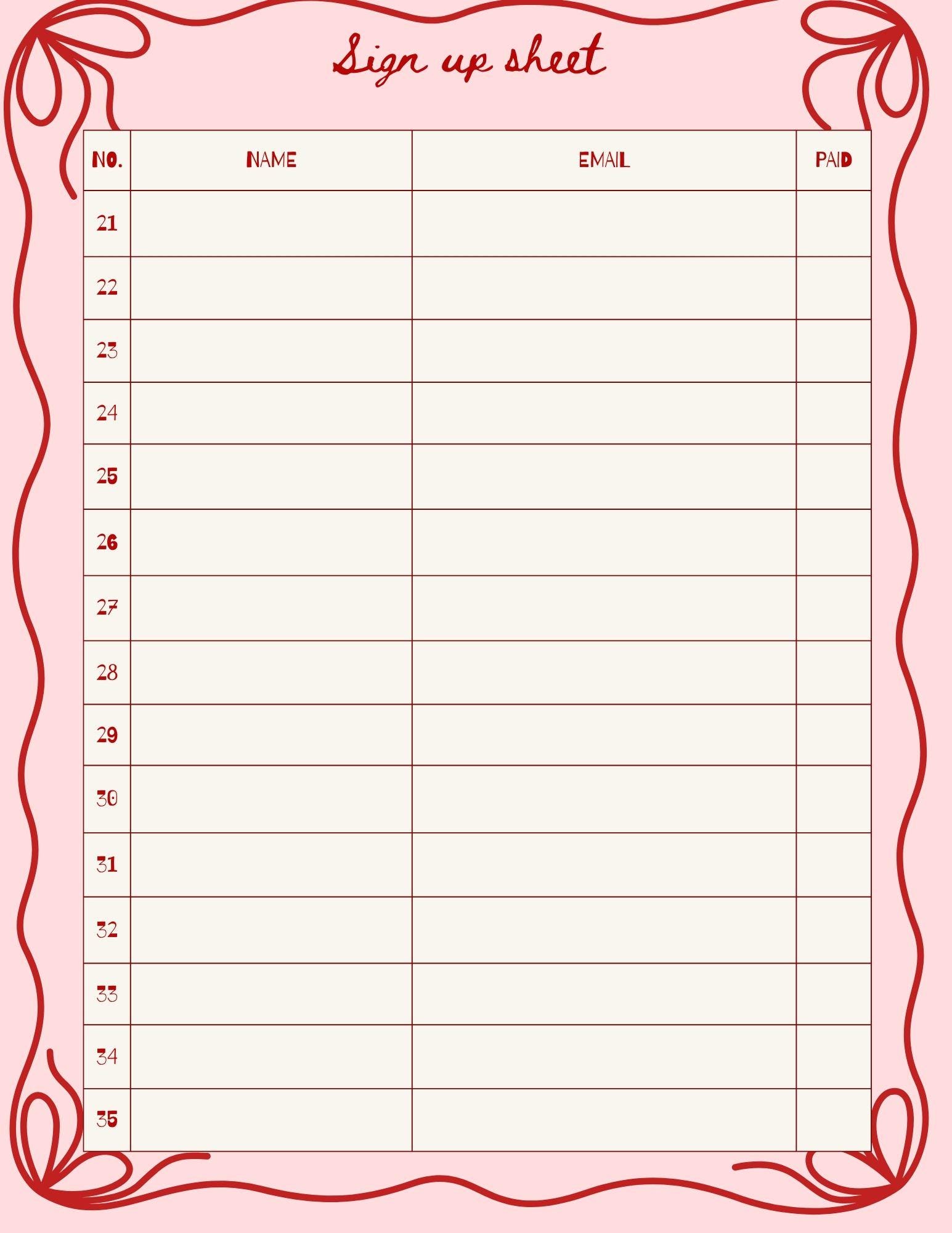 Aesthetic Bow Sign up Sheet Template for Events, Downloadable Template ...