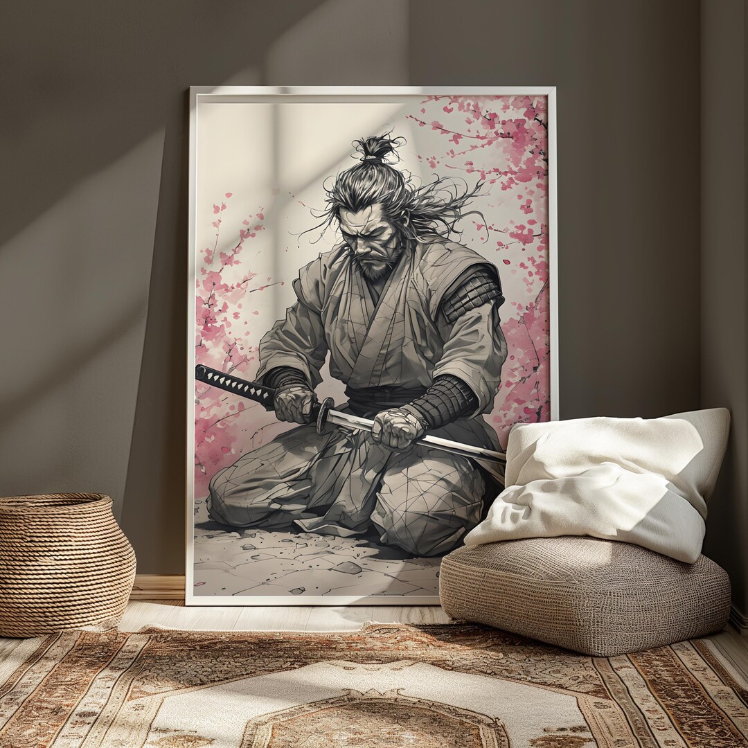 Monochrome Samurai Wall Art | Japanese Warrior Print | Cherry Blossom ...