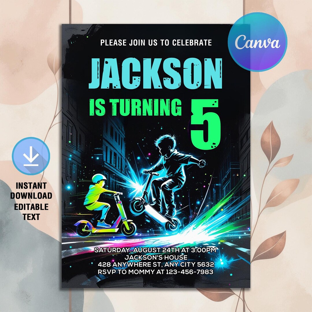 Scooter Birthday Invitation,skate Party Invitation,skate Park Boys ...