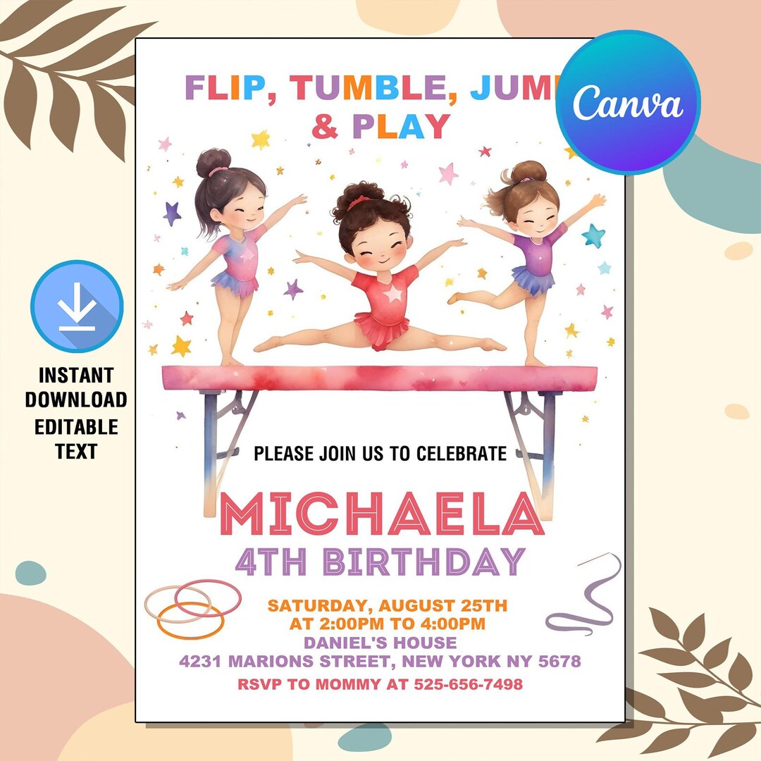 Gymnastics Birthday Invitation,flip Tumble Jump and Play Invite ...