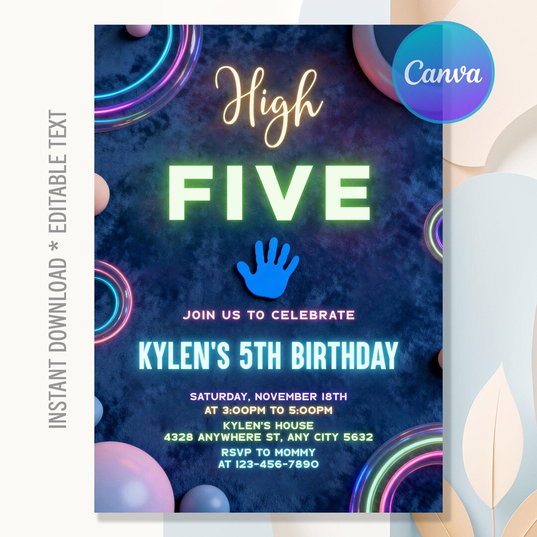 High Five Birthday Invitation,high Five Neon Glow Birthday Party,high ...