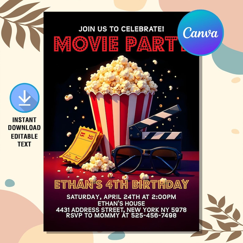 Movie Party Birthday Invitation,movie Party Invitation,movie Party ...