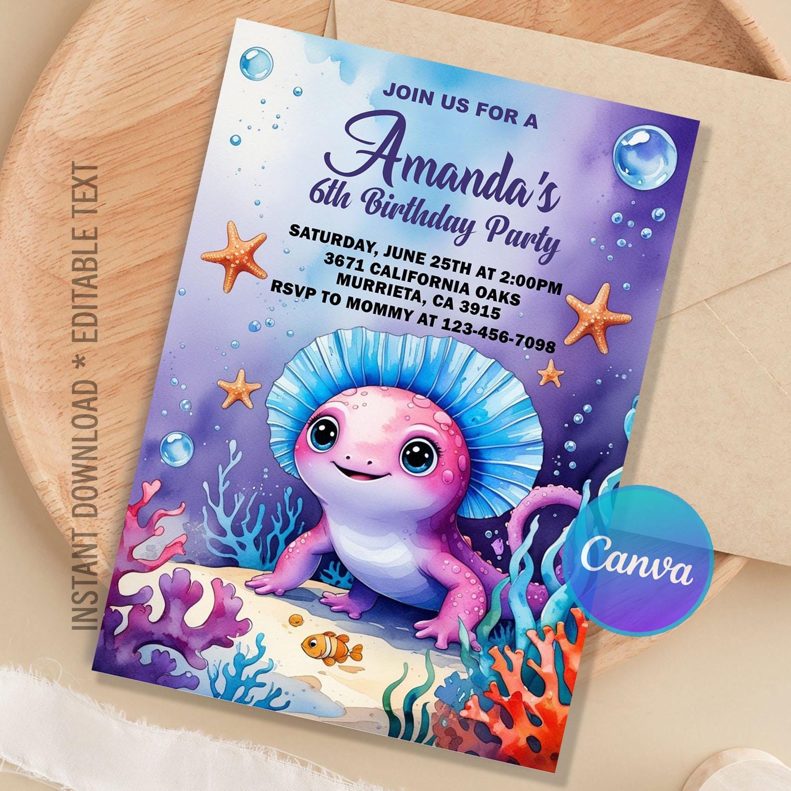 Axolotl Invitation,axolotl Birthday Invitation,pink Axolotl Invitation ...