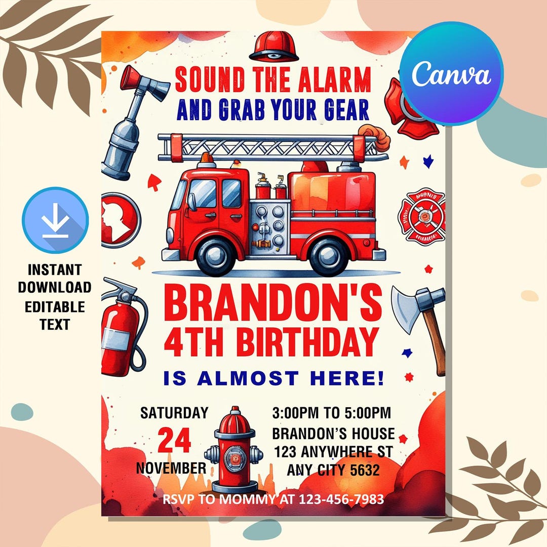 Fire Truck Birthday Invitation,fire Engine Invitation,firefighter ...