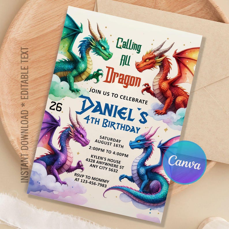 Dragon Birthday Invitation,fantasy Dragon Birthday Invitation,dragon ...