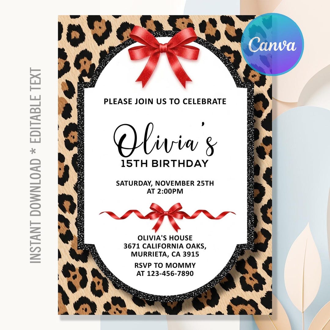 Cheetah Print Birthday Invitation,leopard Print Party,leopard Red Bow ...