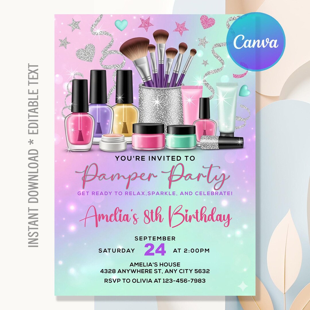 Pamper Party Birthday Invitation,pamper Spa Party Invitation,glitz and ...