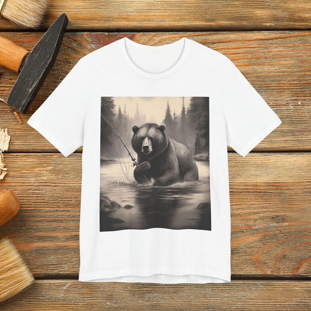 A Stunning Black-and-white Illustration of a Bear Fly Fishing in a ...