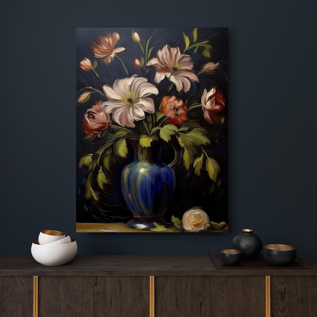 Blue Vase Floral Still Life Digital Print | Moody Botanical Wall Art - Etsy