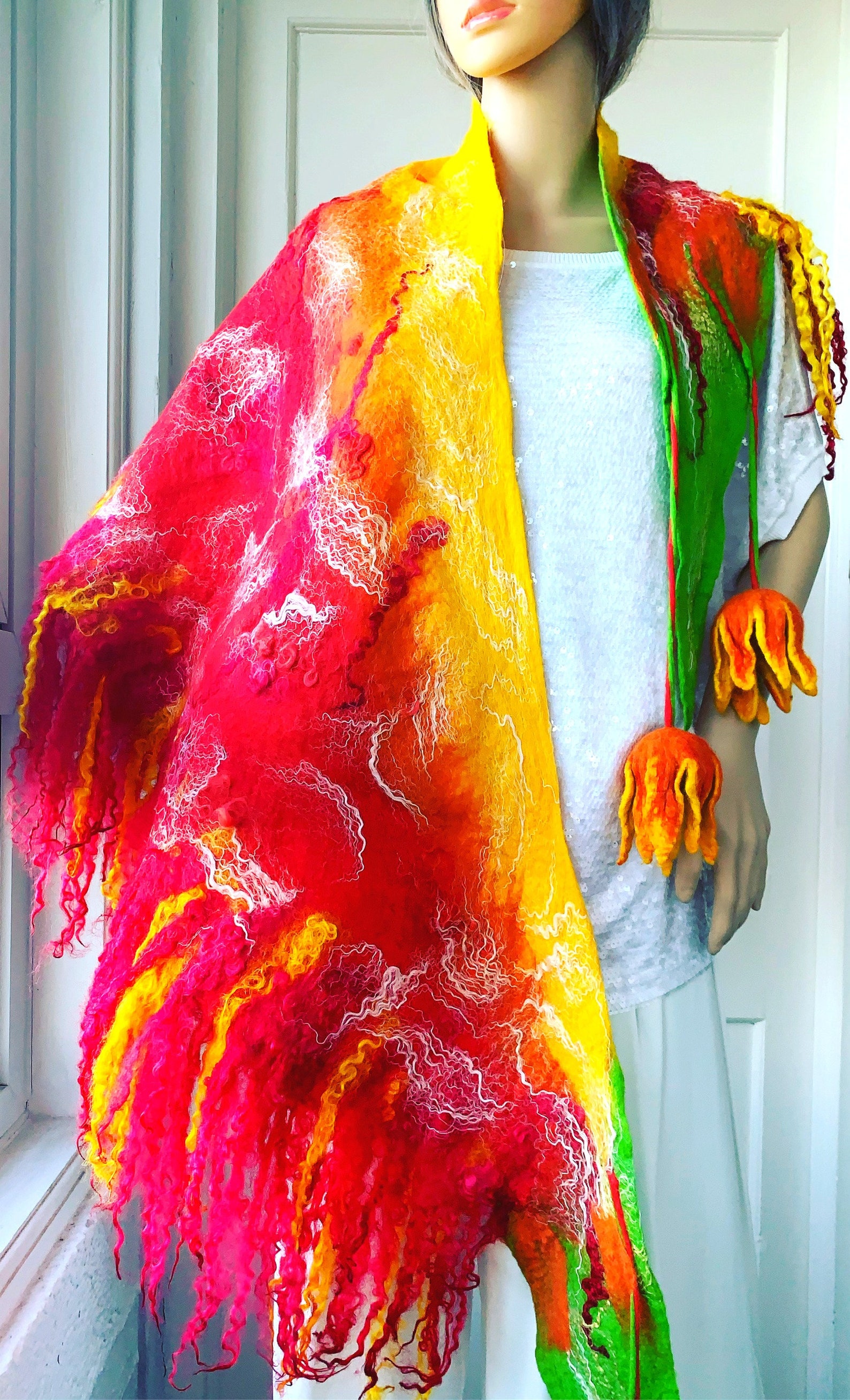 Felted Wool Jewelry Felted Woman ART Scarf shawl-flame 5 - Etsy