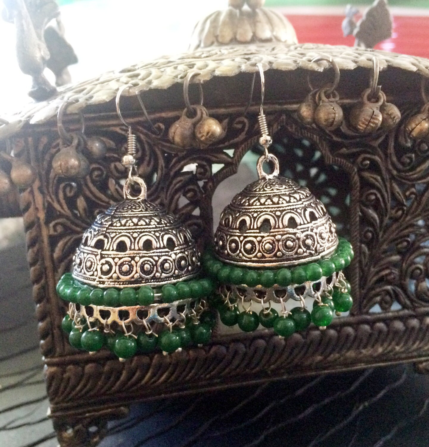 SILVER Jhumka EarringsLarge Silver JhumkasGreen & Silver | Etsy