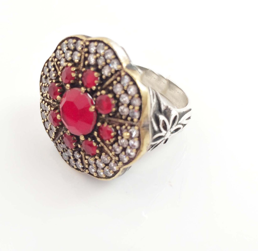 Turkish Ring,mid Century Ruby Gold and Silver,antique Inspired,artisan ...