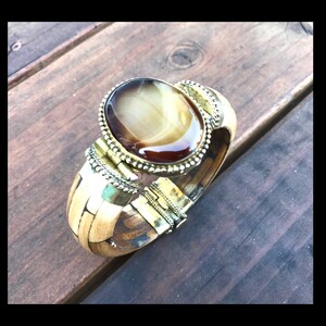 Antique Onyx Cuff Bracelet, Brass Wood Cuff , Mosaic STATEMENT Cuff Rare Brown Onyx Afghan ...