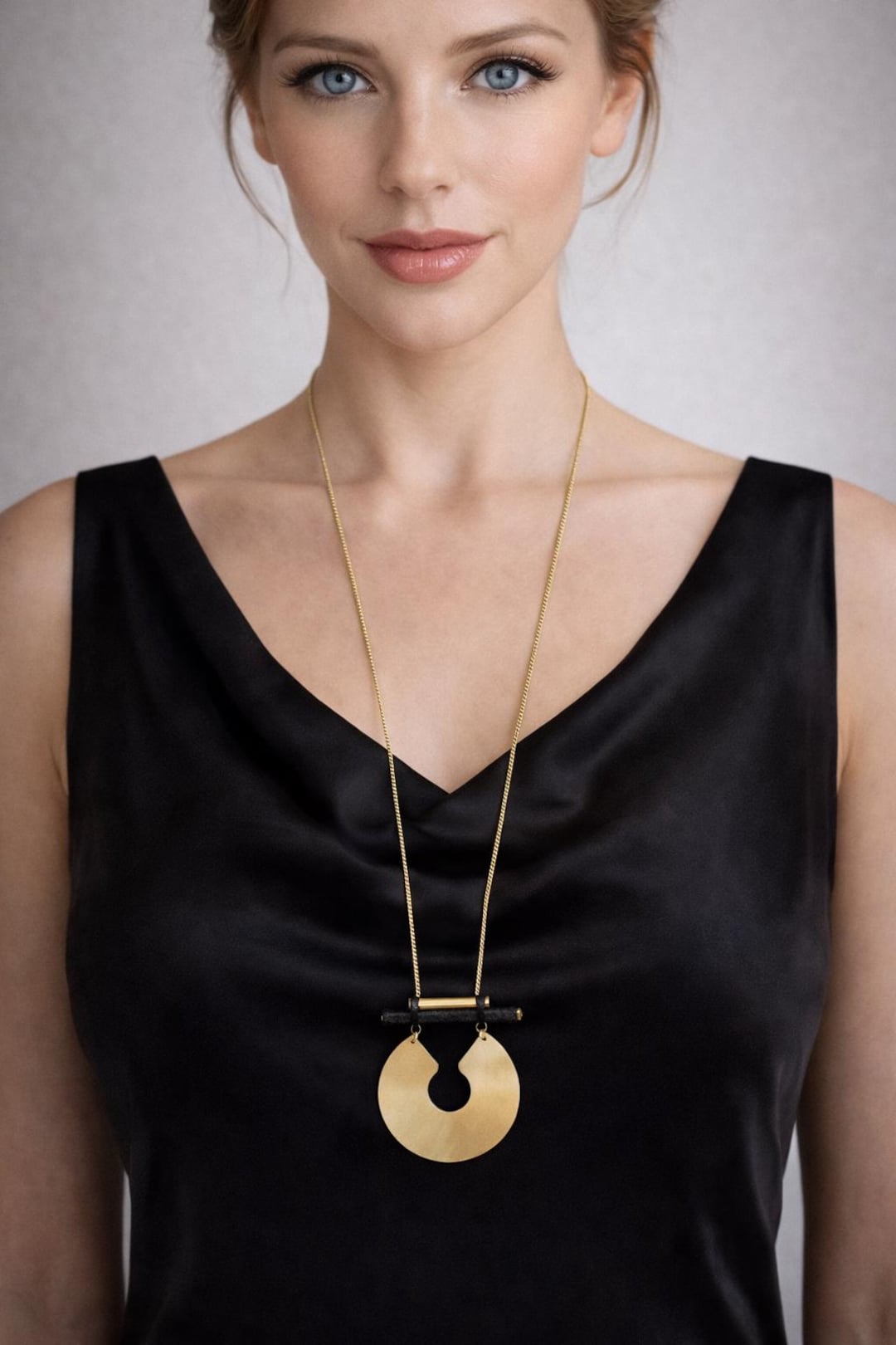 Gold Disc Pendant Necklace, Long Chain, Black Silk Thread, Minimalist ...