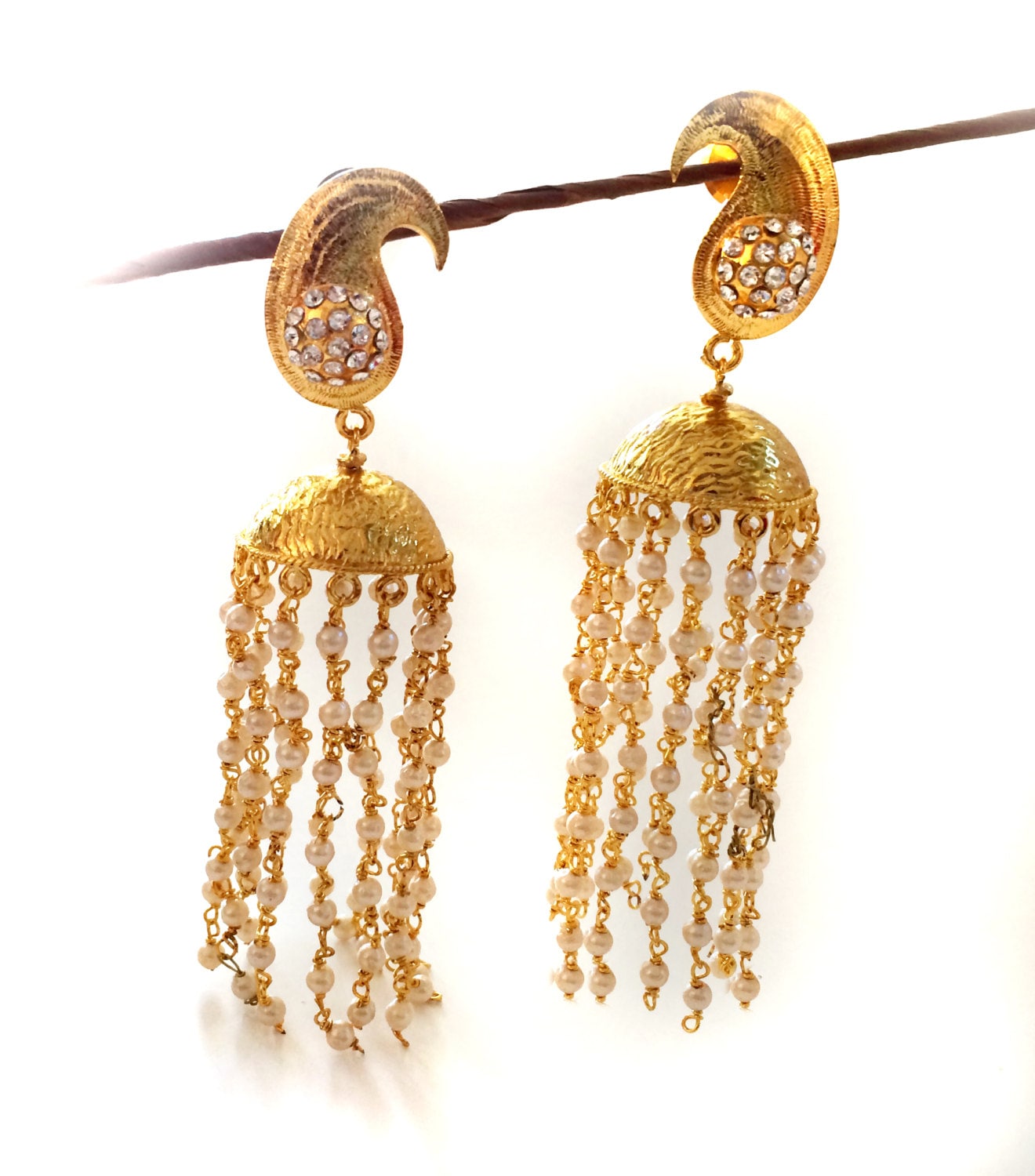 Gold JHUMKAS Brushed Gold Pearl Jhumka earringsLong | Etsy