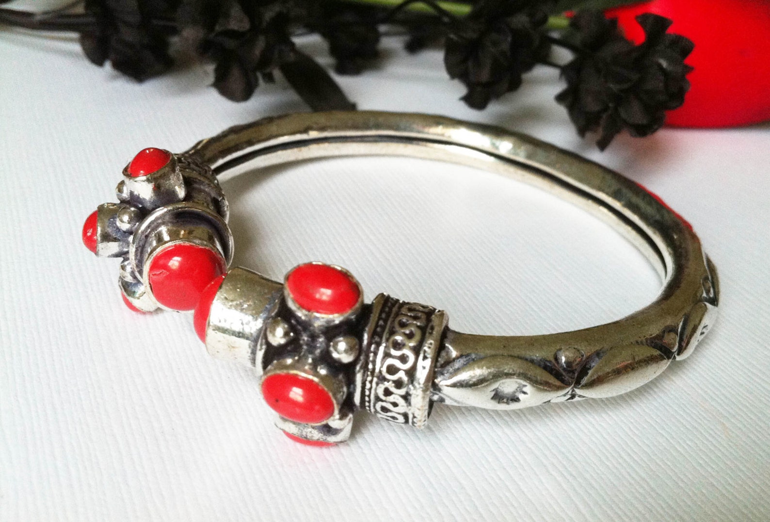 Coral Bangle Bracelet,silver Bangle ,adjustable, Tribal Stackable ...