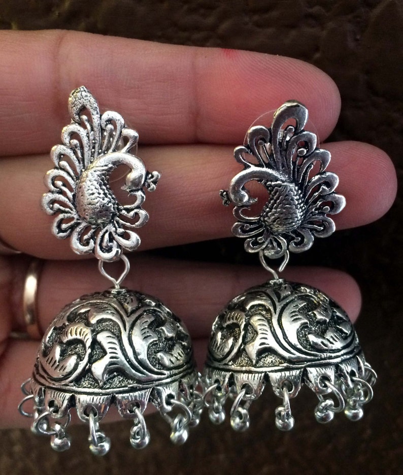TRIBAL SILVER Jhumka Earrings,peacock Silver Jhumka Earrings, Silver ...
