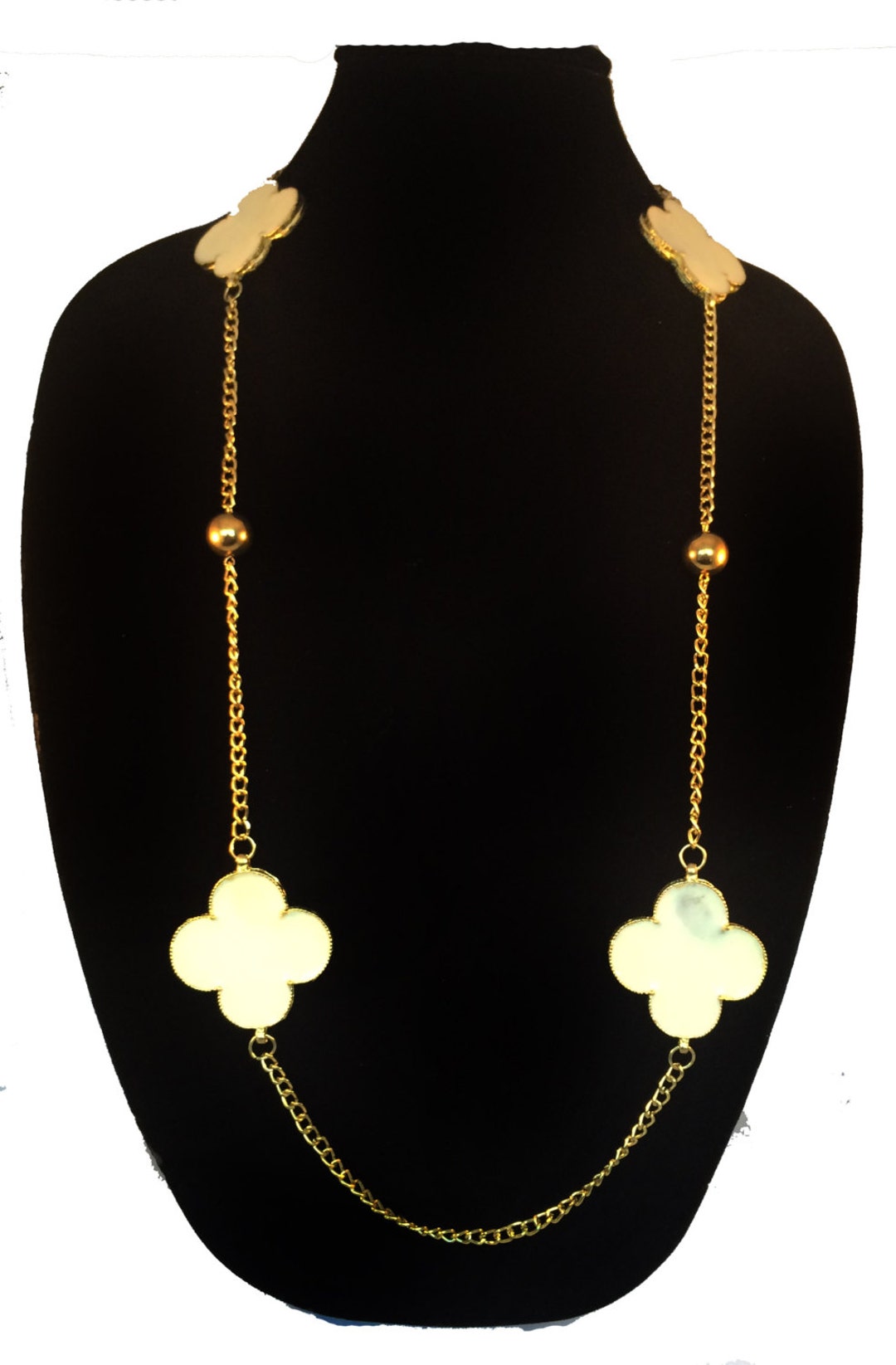 White Enamel Clover Necklace: Gold Plated 40-inch Chain - Etsy